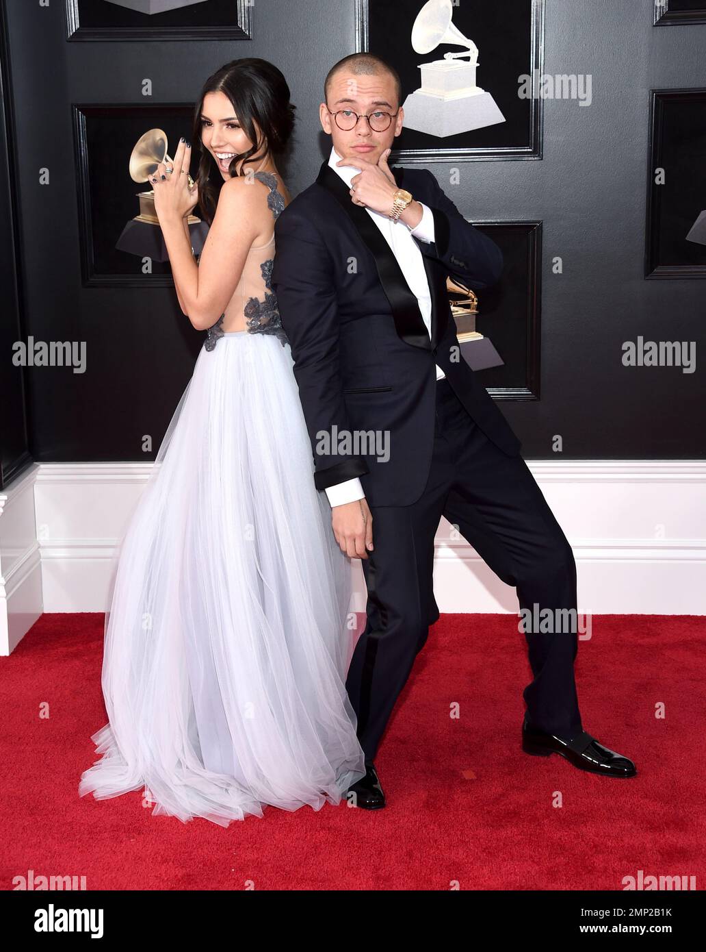 Jessica Andrea, left, and Logic arrive at the 60th annual Grammy Awards ...