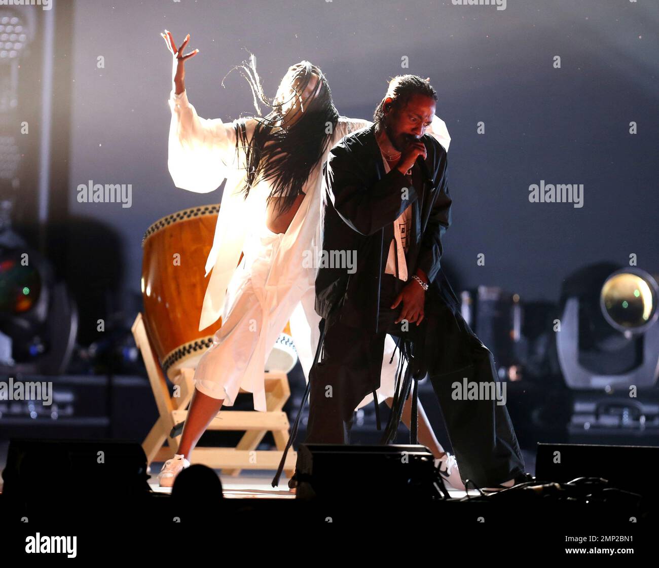 Kendrick Lamar, right, performs at the 60th annual Grammy Awards at ...