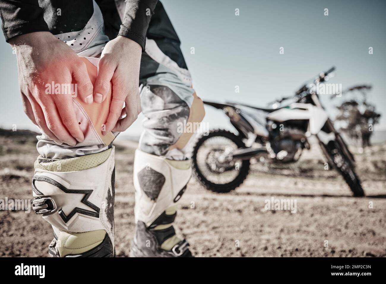 Knee pain, sports injury and hands with motorbike for race competition ...