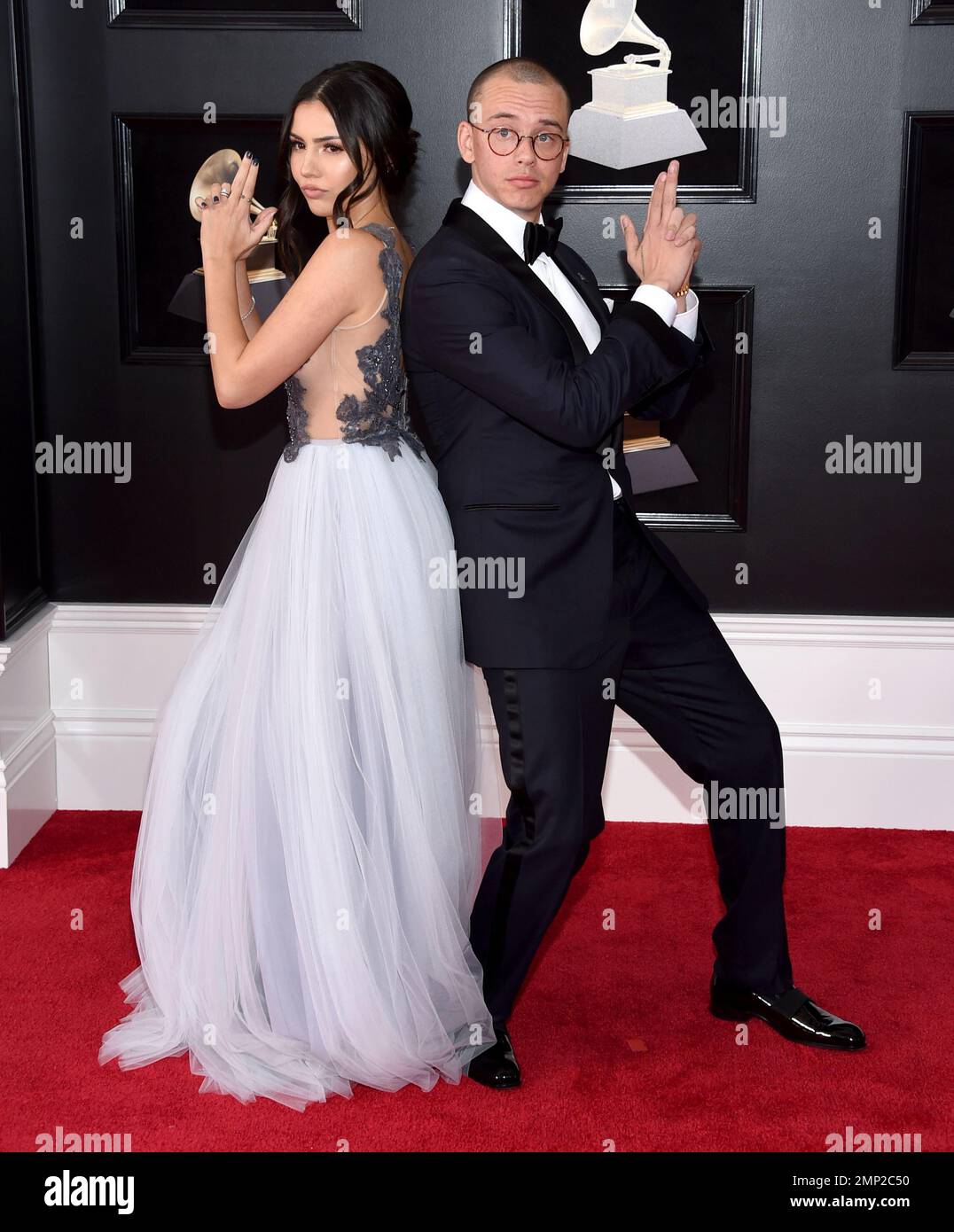 Jessica Andrea, left, and Logic arrive at the 60th annual Grammy Awards ...