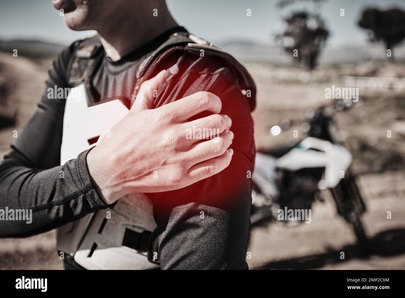 Closeup, biker outdoor and shoulder pain with muscle tension, strain ...
