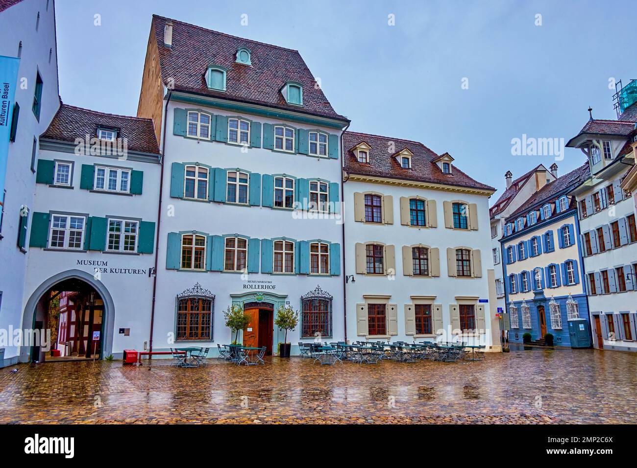 BASEL, SWITZERLAND - APRIL 1, 2022: Rainy day with empty outdoor cafe ...