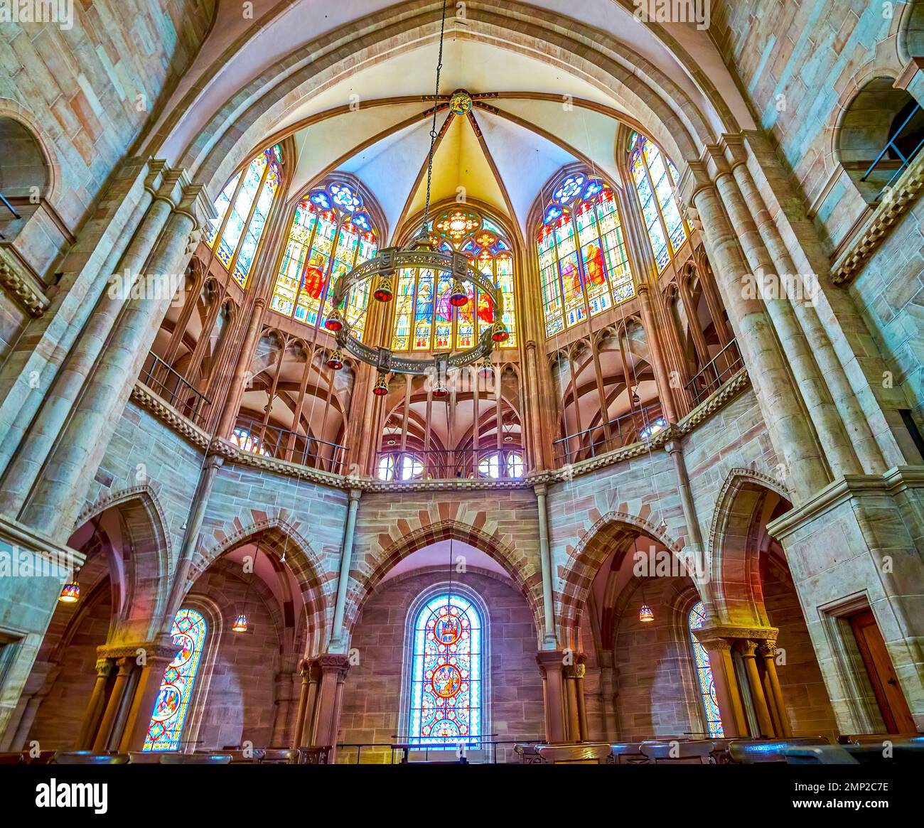 BASEL, SWITZERLAND - APRIL 1, 2022: Apse with colorful stained-glass ...