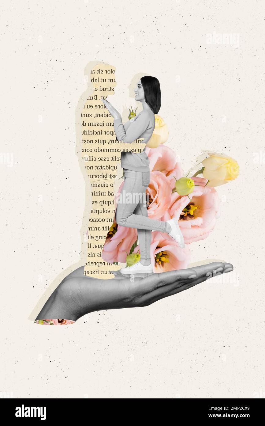 Photo collage artwork design love story march concept of young wife ...