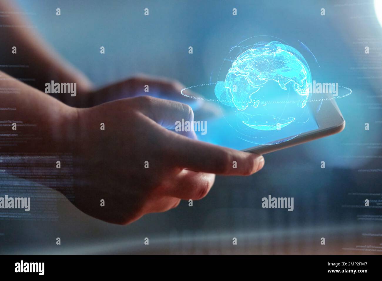 Futuristic, hologram and hands with smartphone, connection and global ...