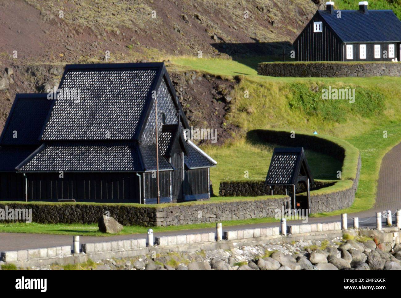 Iceland, Island of Heimaey: Stafkirkjan, a Viking-era-style wooden ...