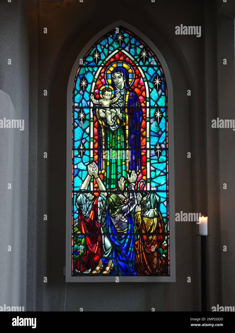 Iceland, Reykjavik: stained glass window in the Hallgrimskirkja (church ...