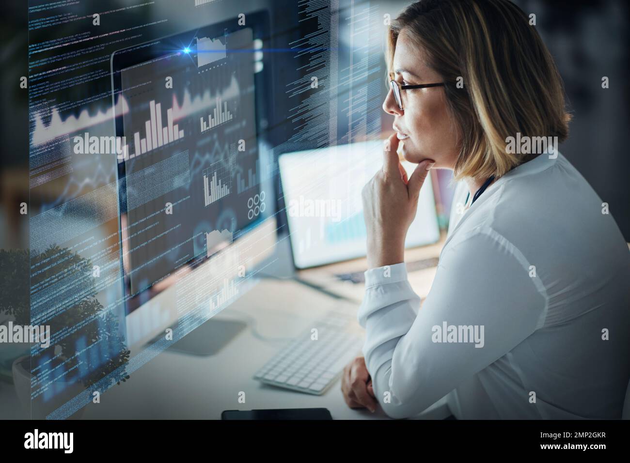 Data analytics, computer screen and woman in night for stock market ...
