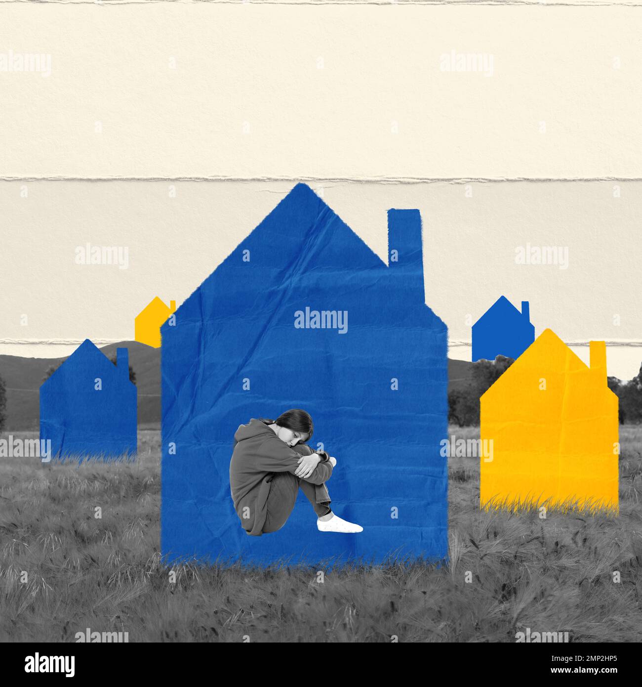 Conceptual design. Young girl sitting alone in house on field and ...