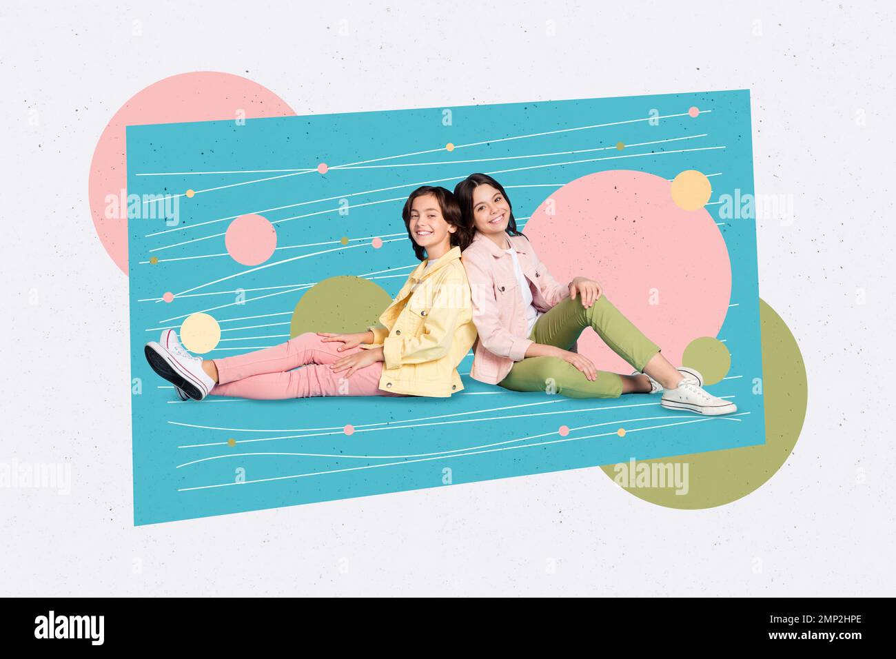 Collage photo of two youngsters teenagers kids sit comfort friendship ...