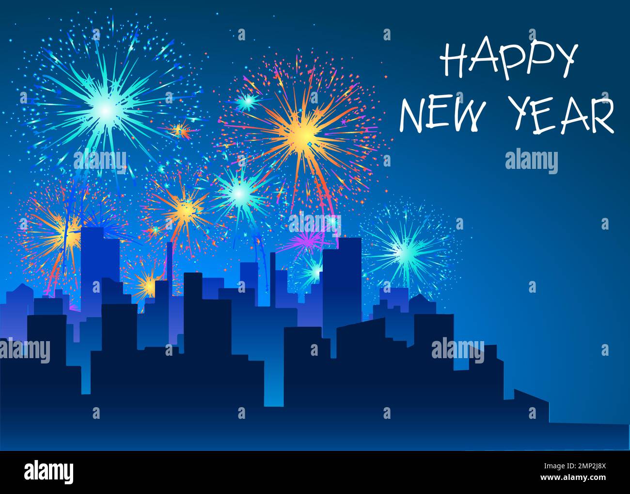 Beautiful New Year Colorful Fireworks in the night sky over the city ...