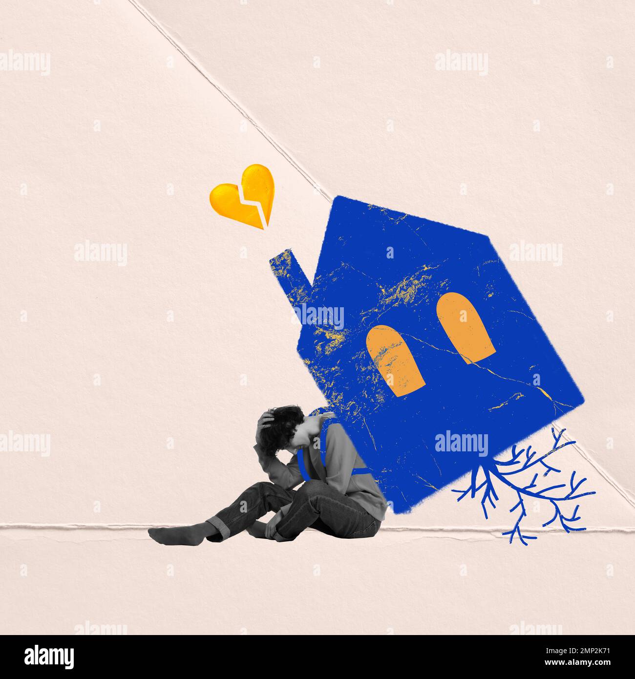 Conceptual design. Broken heart. Young sad man sitting with house ...