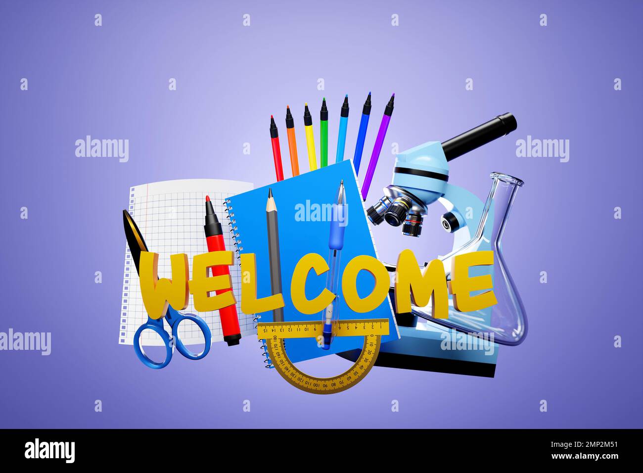 The inscription welcome on the background of stationery and microscopes ...