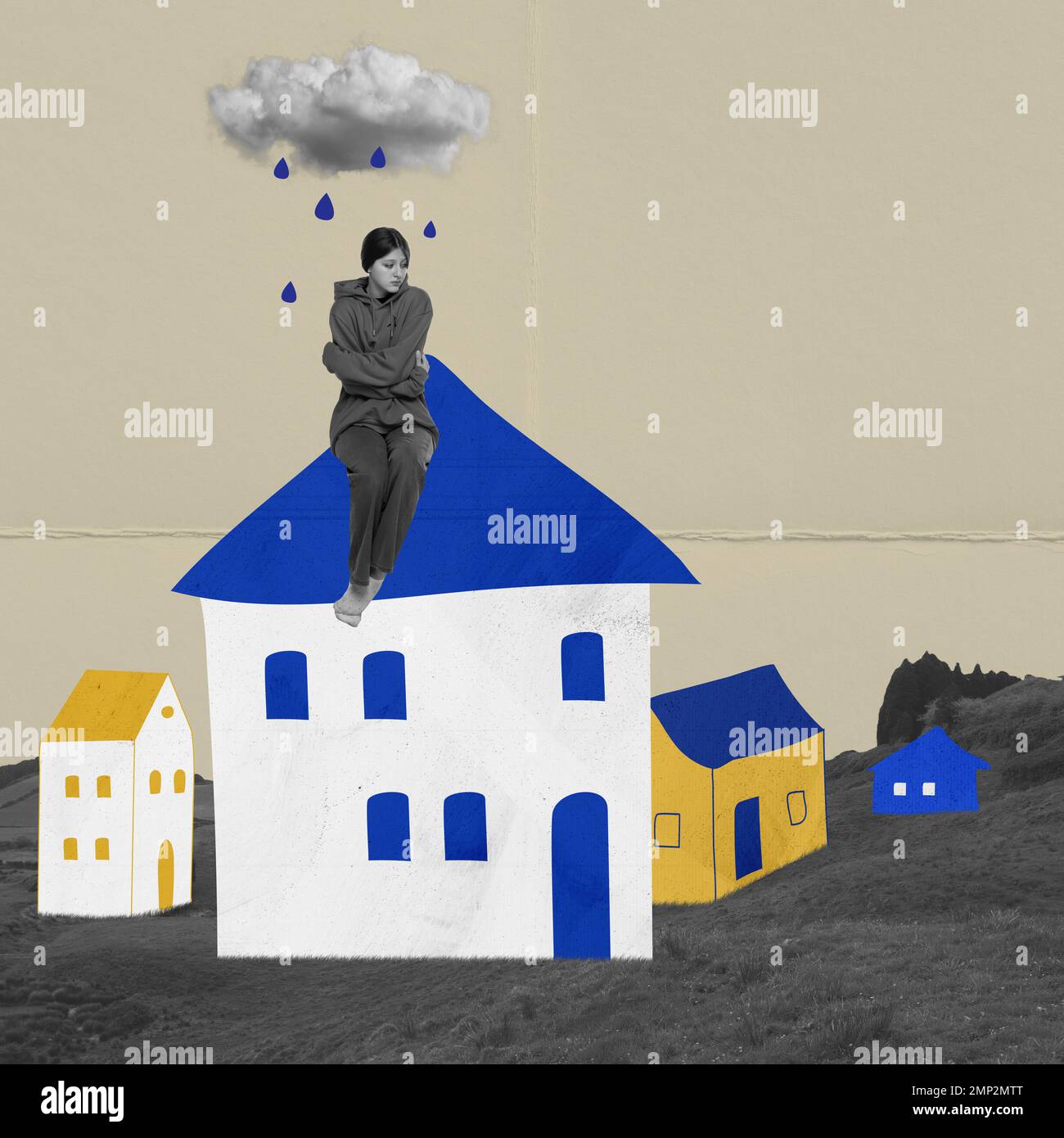 Conceptual design. Sad, desperate girl sitting on house roof, feeling ...
