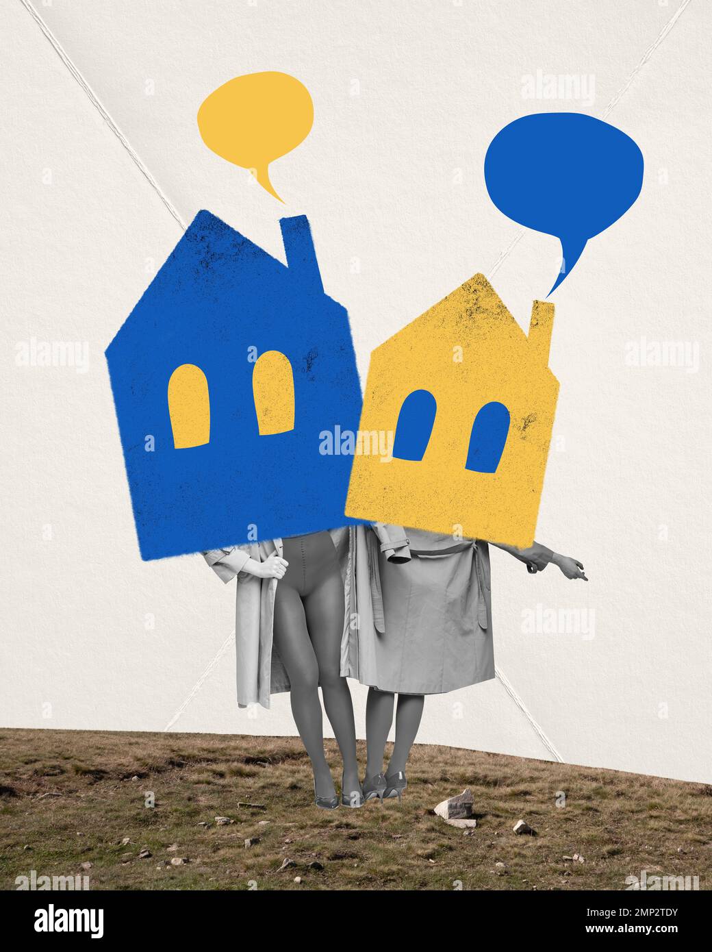 Conceptual design. Young girls standing on empty field with houses on ...