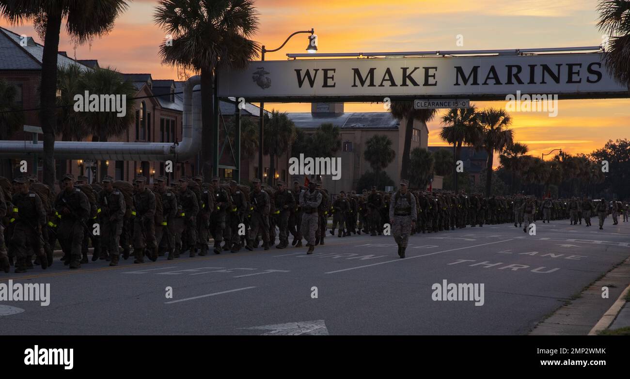 U.S. Marines with Fox Company, 2nd Recruit Training Battalion, pass the ...