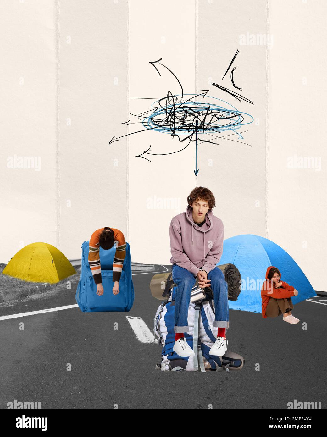 Conceptual design. Young desperate sad people living on tents, moving ...