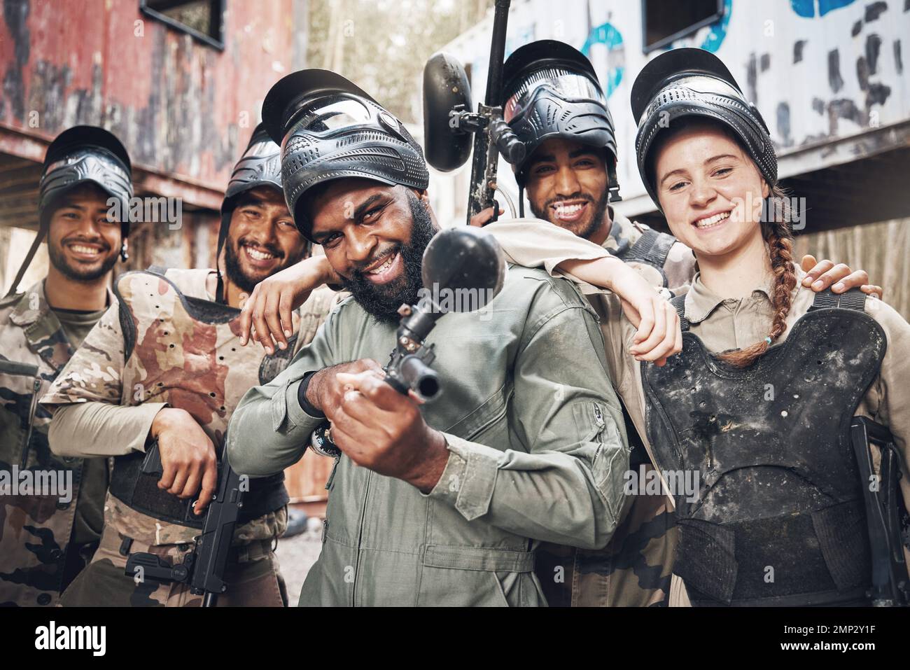Portrait, diversity and military group with paintball gun for training ...