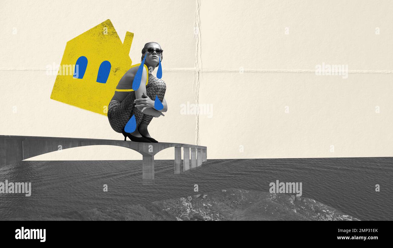 Conceptual design. Young girl with house behind back crying, losing ...