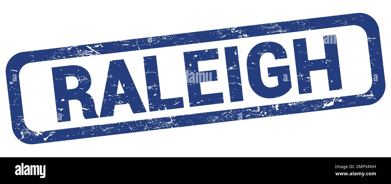 RALEIGH text written on blue rectangle stamp sign Stock Photo - Alamy