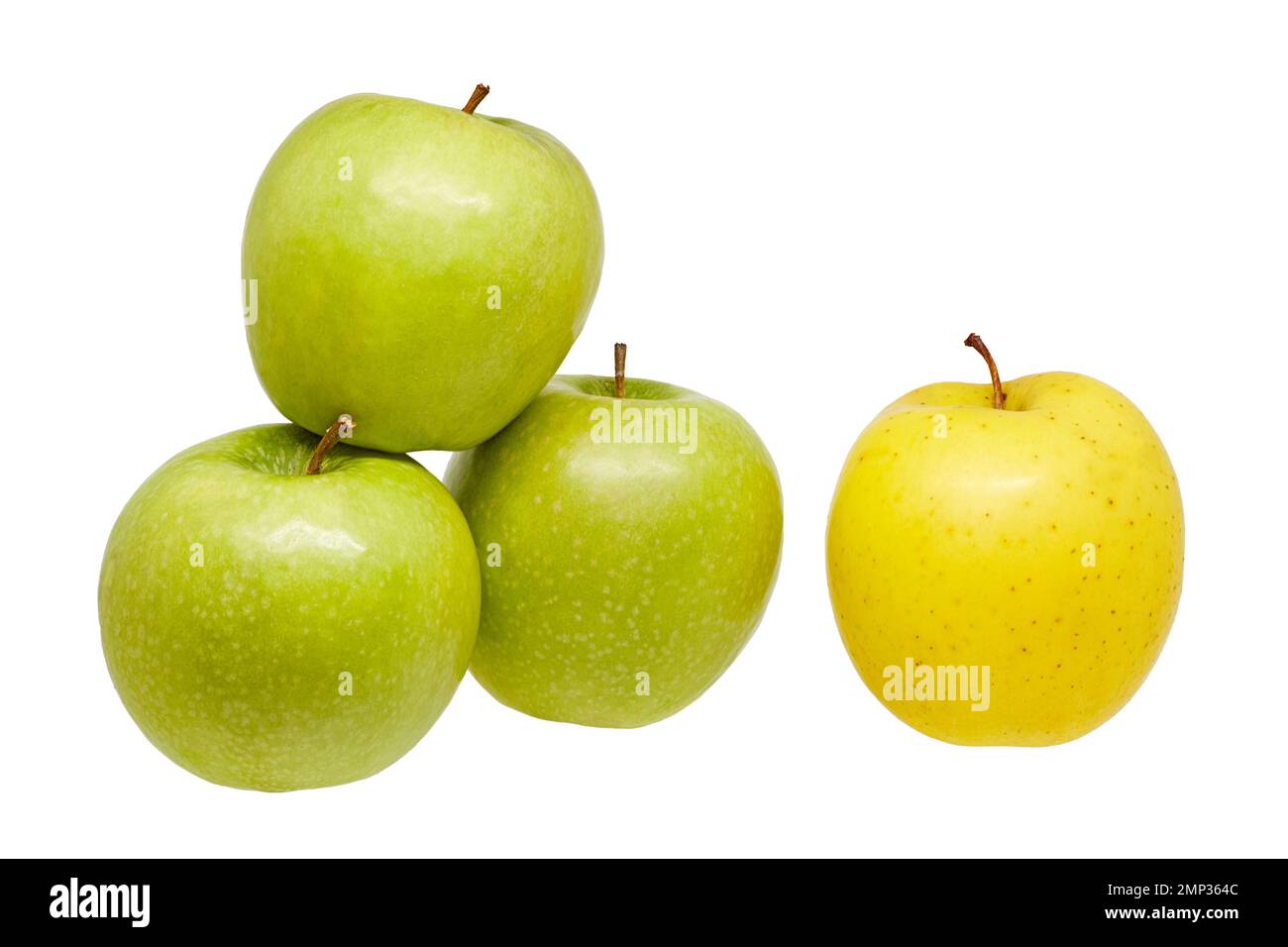 Image of three green apples and one yellow on a white background Stock ...