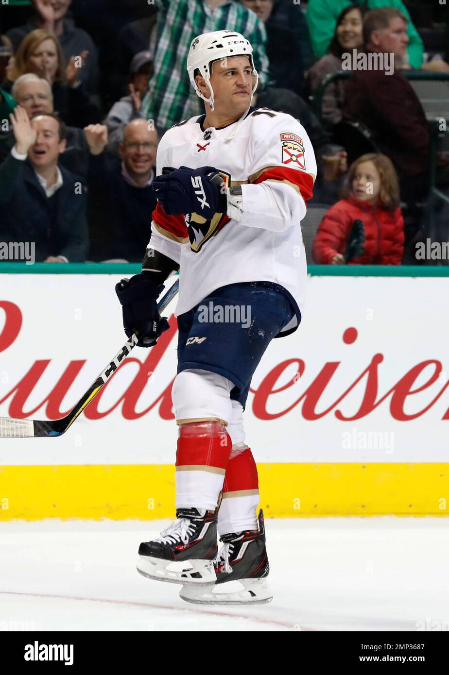 Florida Panthers center Micheal Haley (18) leaves the ice after being ...