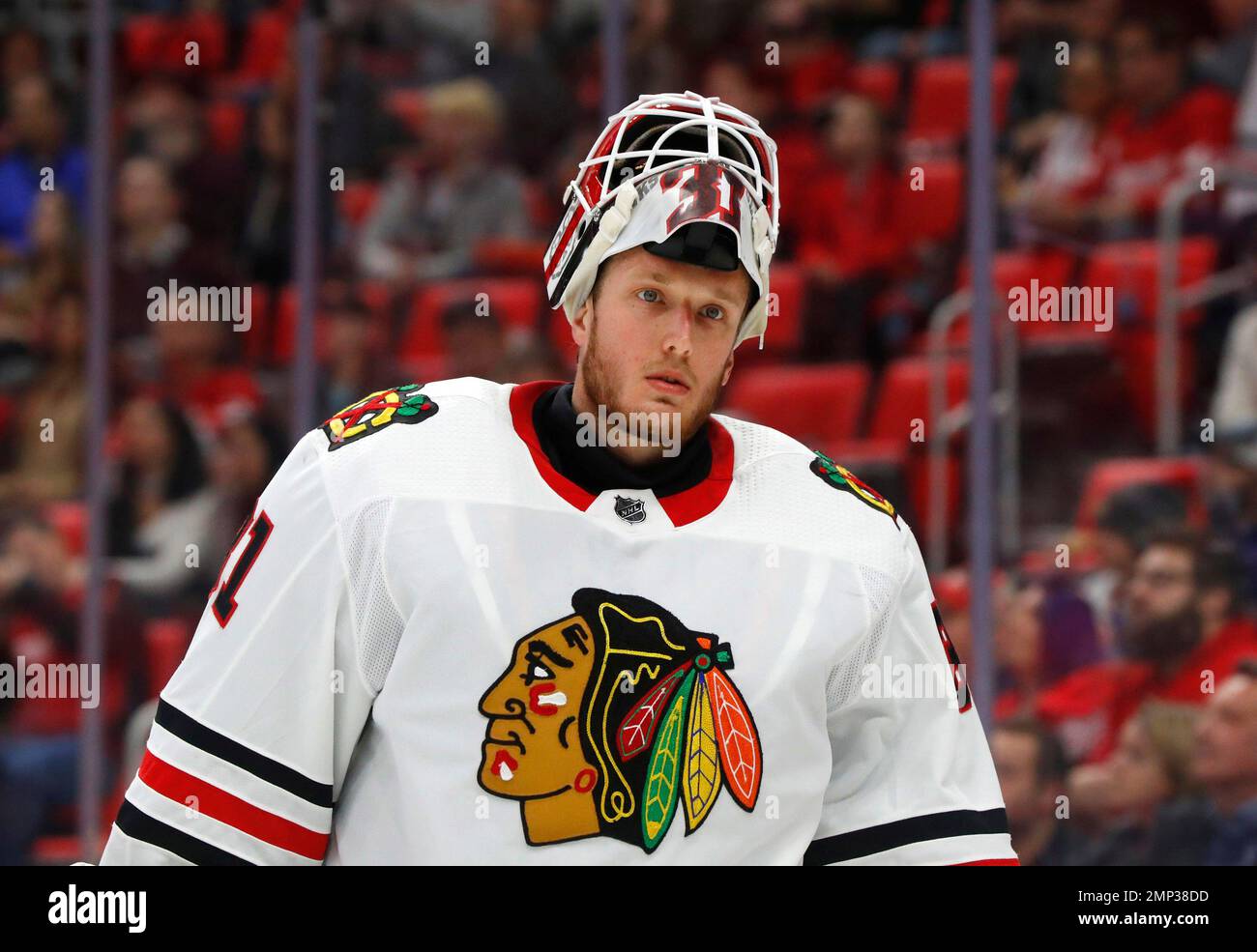 Chicago Blackhawks goaltender Anton Forsberg (31) plays against the ...