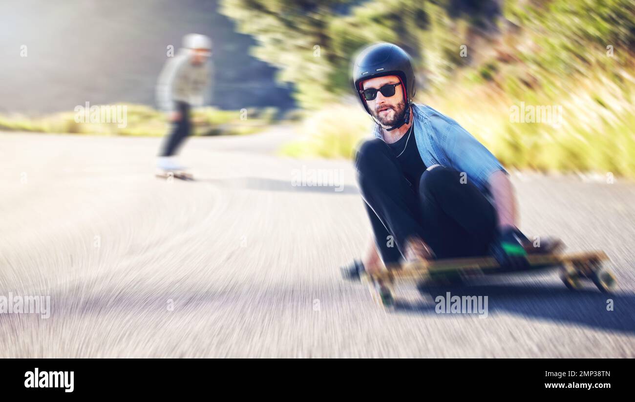Sports road, skateboard and man skating for fitness, exercise and ...