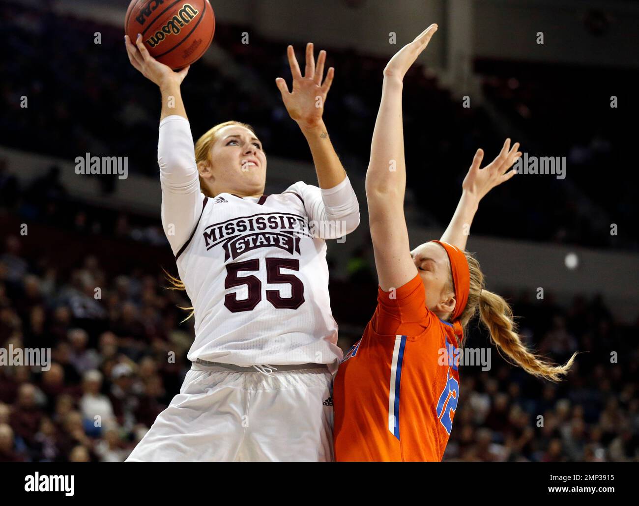 Mississippi State forward Chloe Bibby (55) shoots over the defense of ...