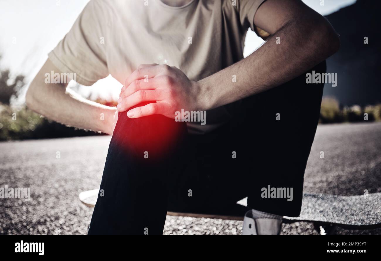 Knee pain, hands of man and skateboarder with injury after fall ...