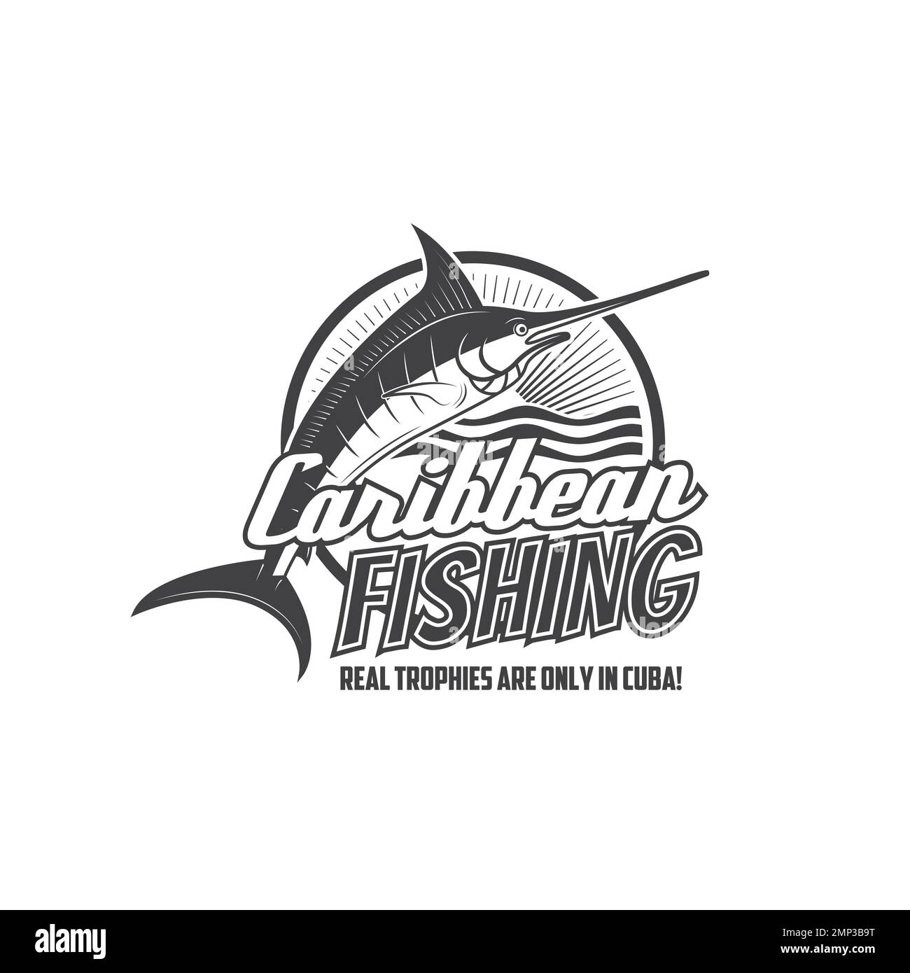 Caribbean fishing icon. Marlin fish, billfish or swordfish, sea water ...