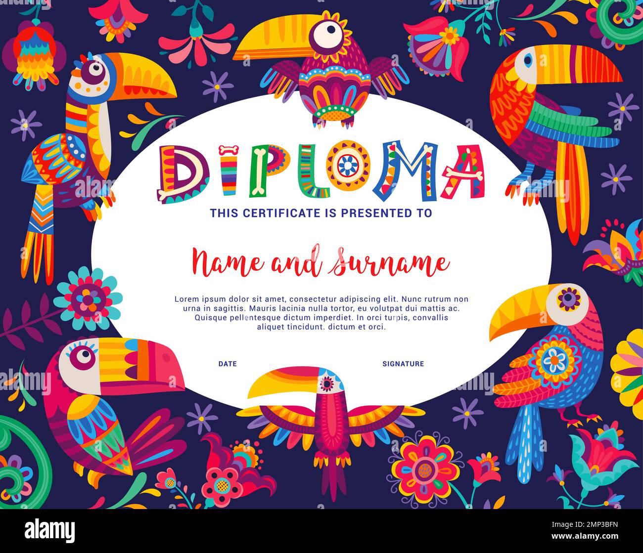 Kids diploma with brazilian and mexican toucan birds. Vector graduation ...