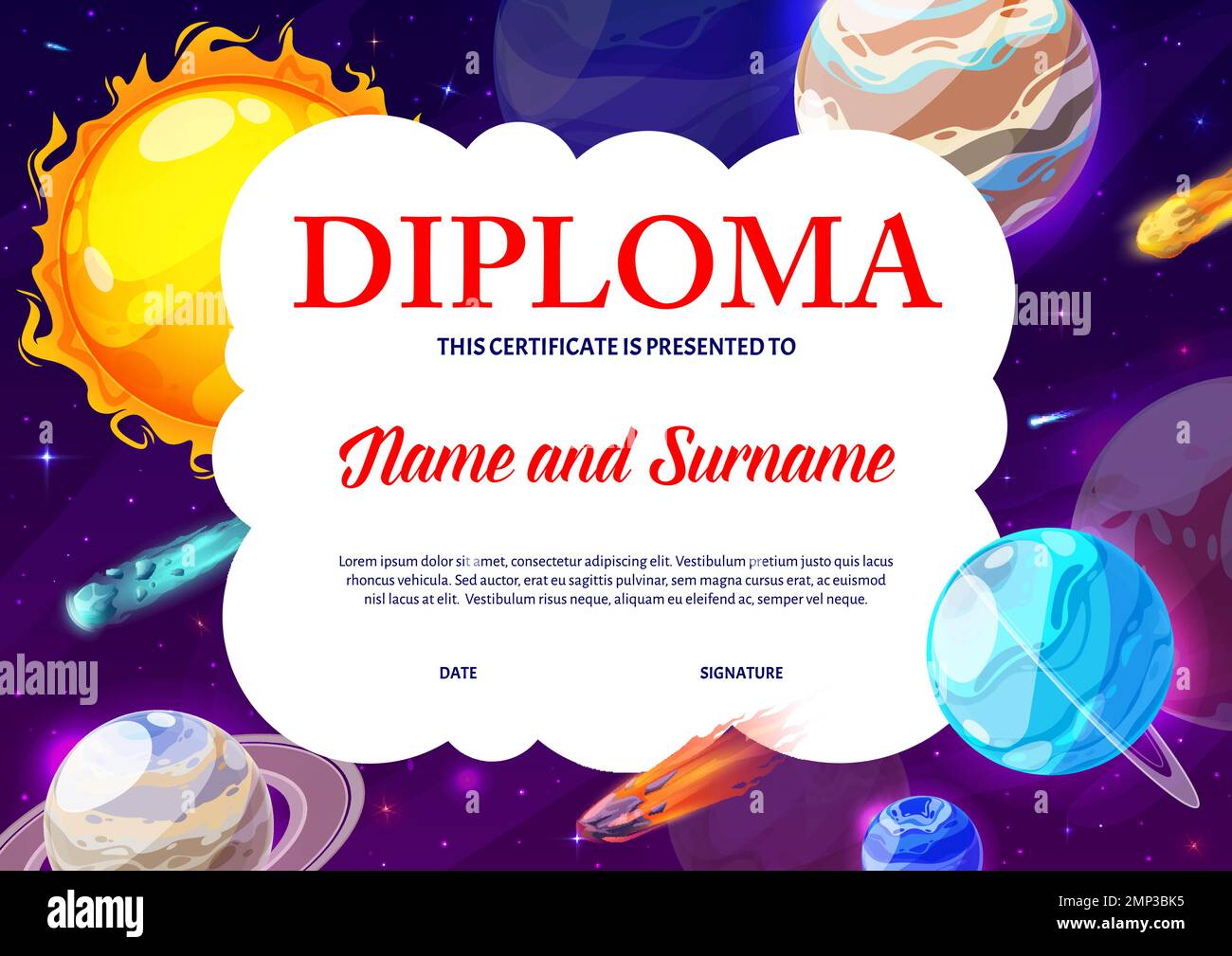 Kids diploma. Cartoon space planets and stars. Competition winner ...