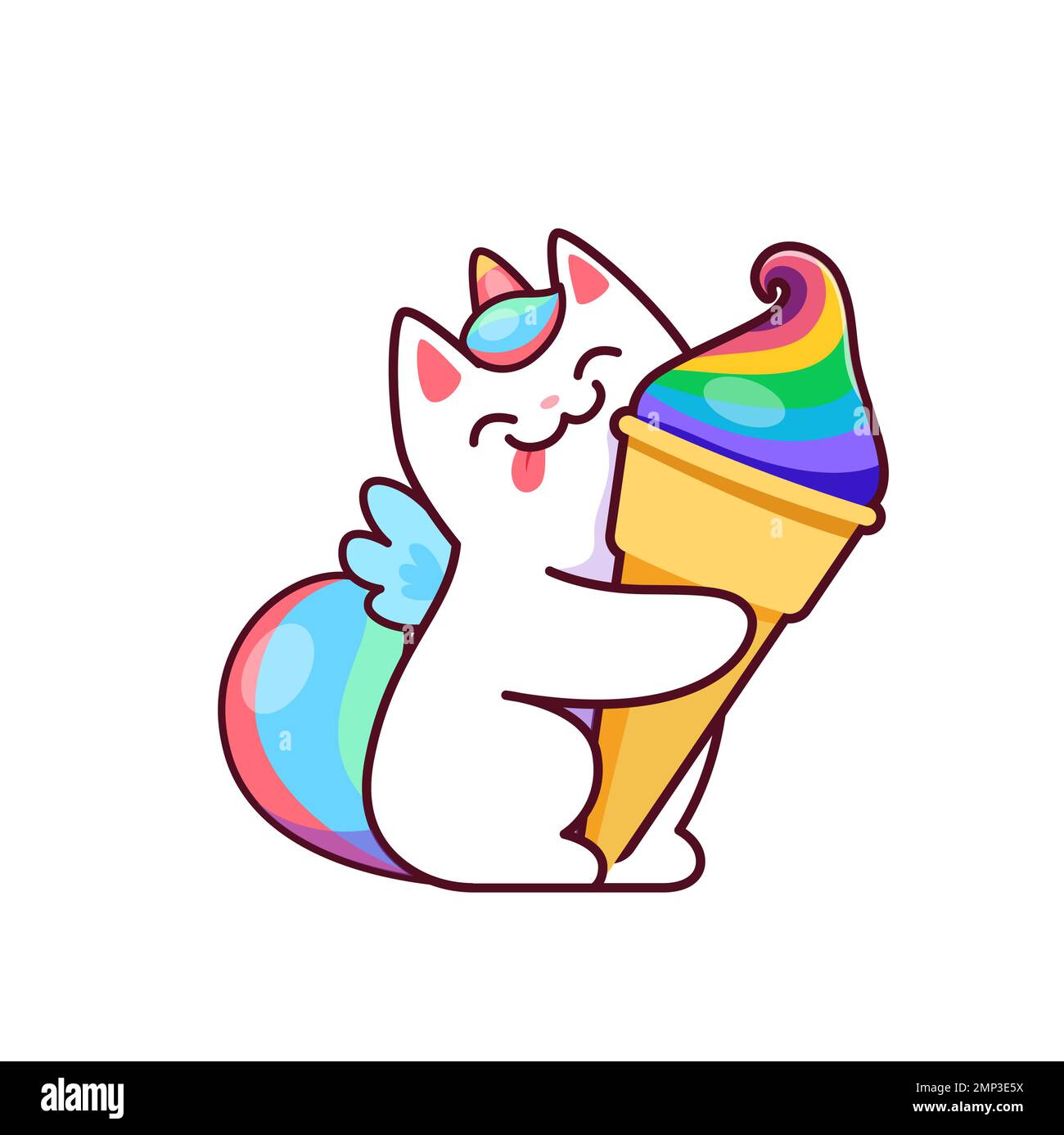 Cartoon cute cheerful kawaii caticorn character with ice cream. White ...