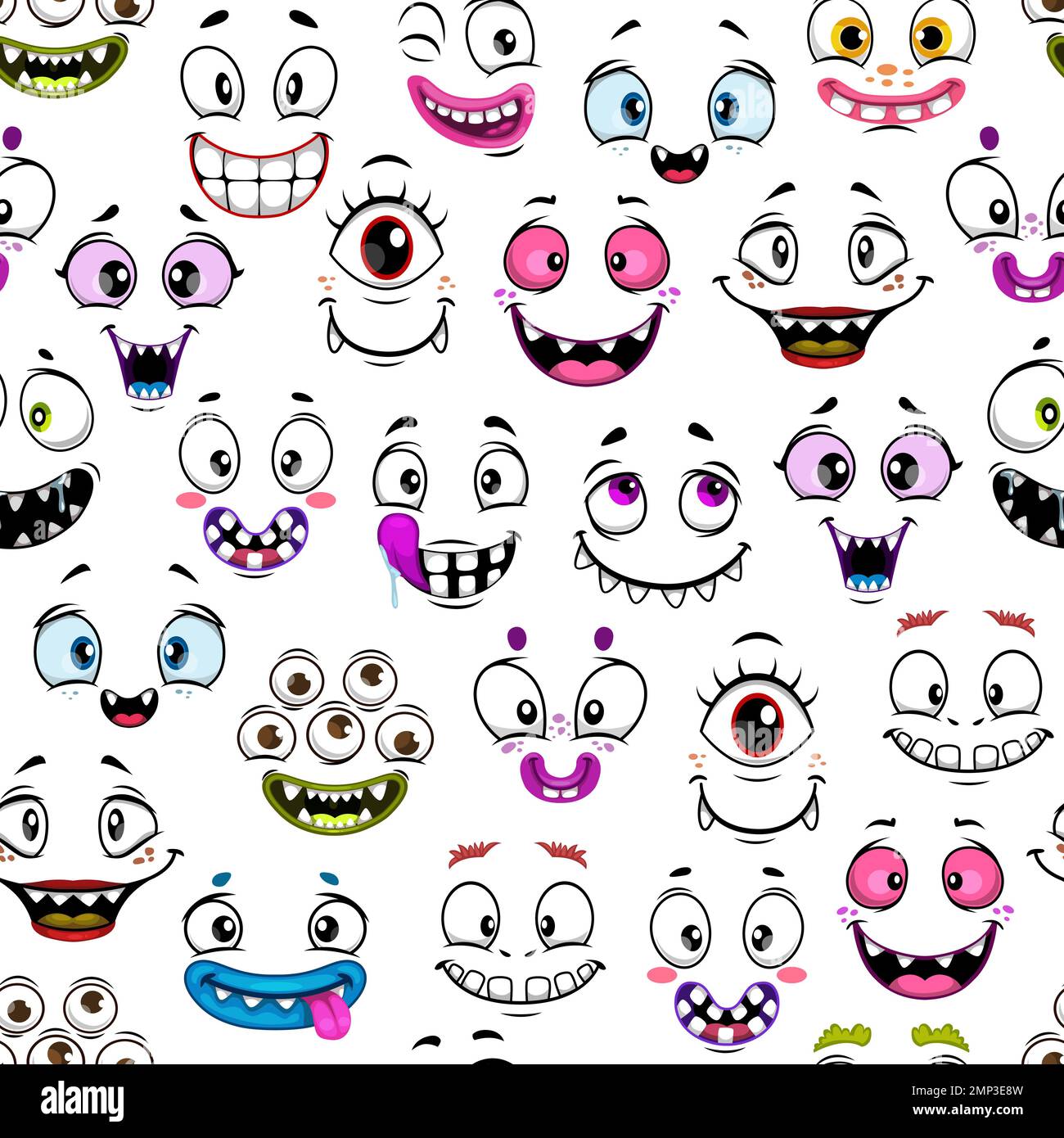 Scary and eerie cartoon face emoji seamless pattern. Vector background ...