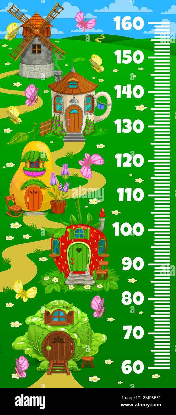 Kids height chart fairytale magic house and dwellings, vector growth ...