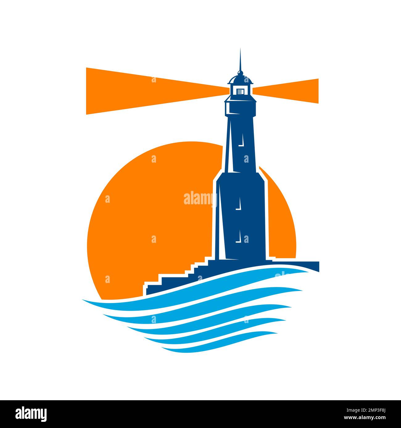 Lighthouse tower in sea round icon. Company emblem, nautical navigation ...