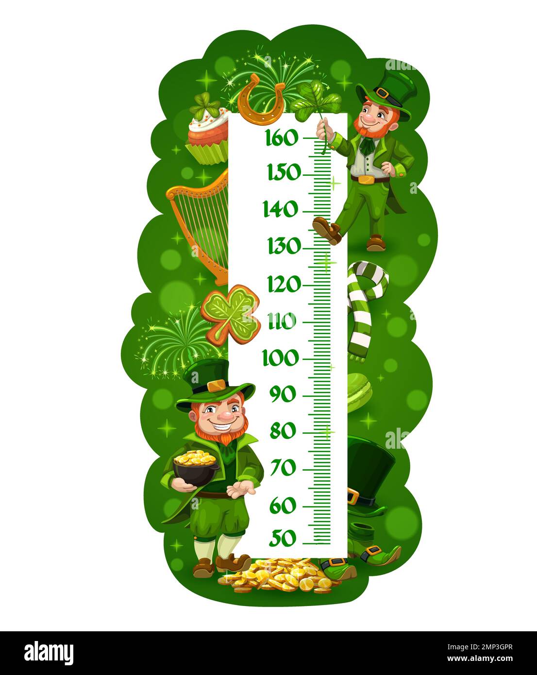 Kids height chart with cartoon leprechauns. Vector growth measure meter ...