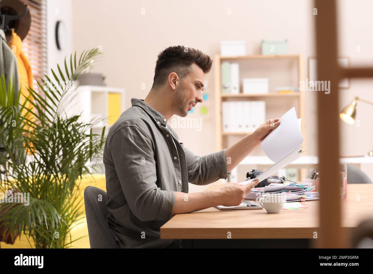 Journalist with papers at workplace in office Stock Photo - Alamy