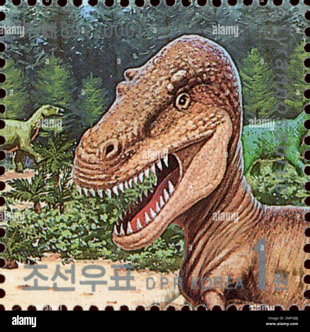 Vintage North Korean postage stamp from 2000 featuring a Tyrannosaurus ...