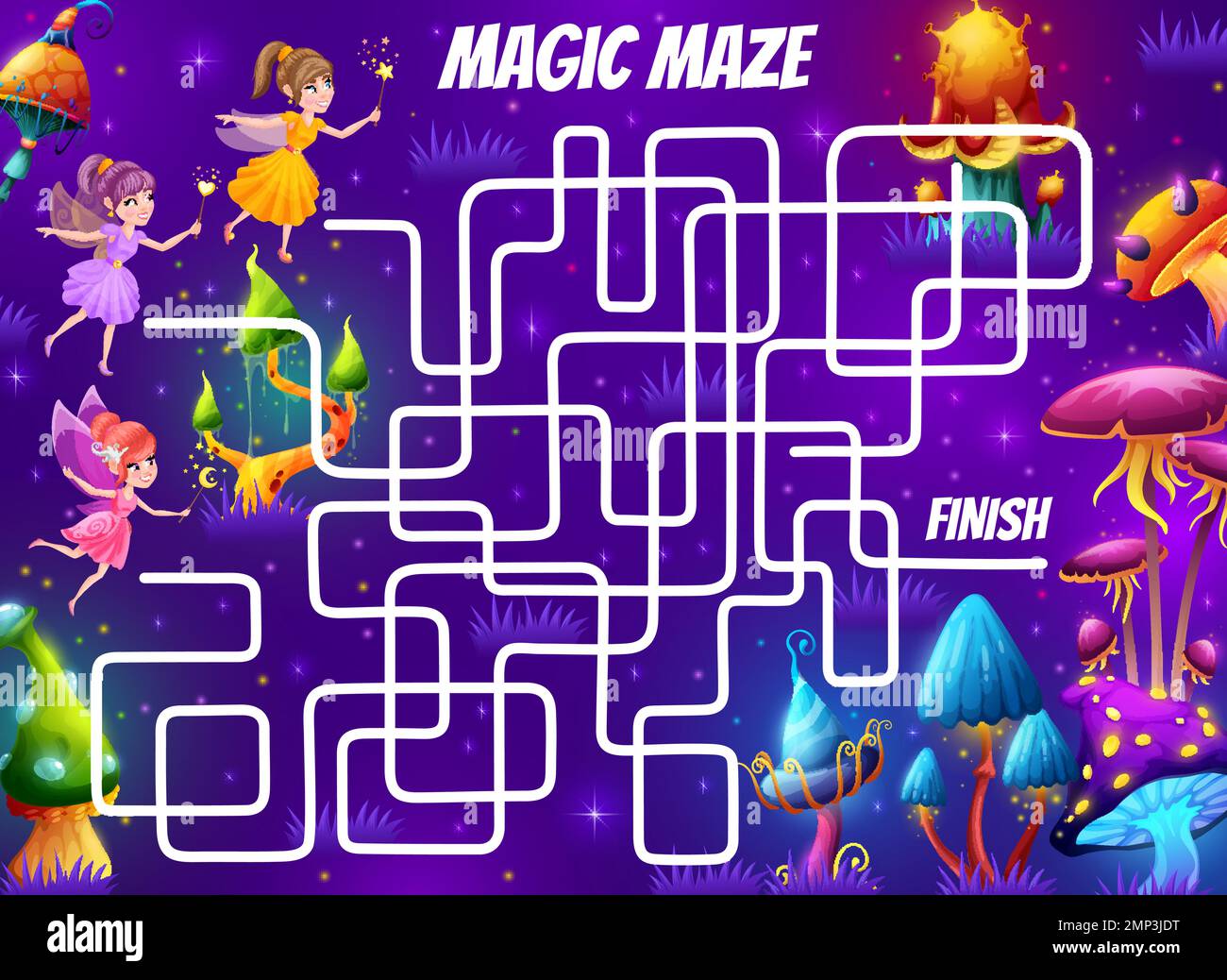 Labyrinth maze, cartoon fairy in magic mushrooms forest. Kids vector ...