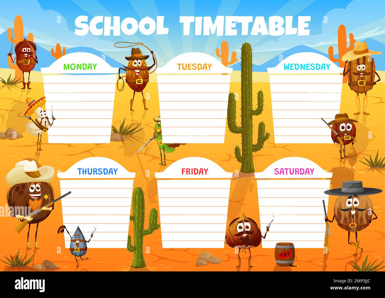 Wild west timetable schedule. Cartoon cowboy, bandit and ranger nut ...