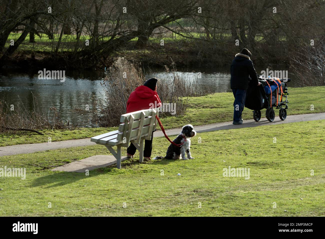 Person on a bench with a dog and an angler pushing loaded tackle ...