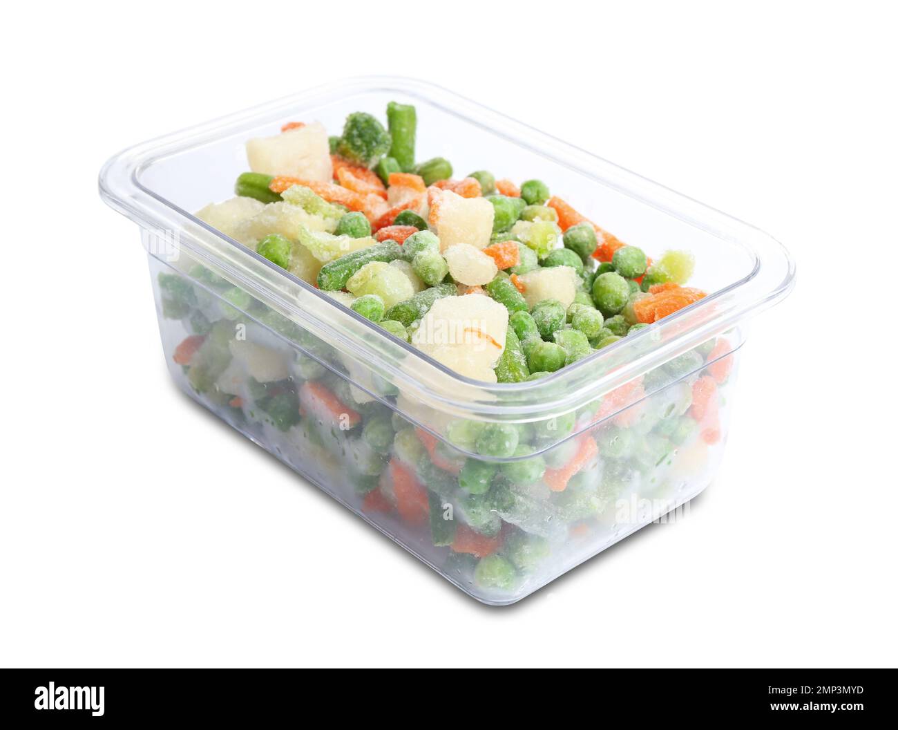 Frozen vegetables in plastic container isolated on white Stock Photo ...
