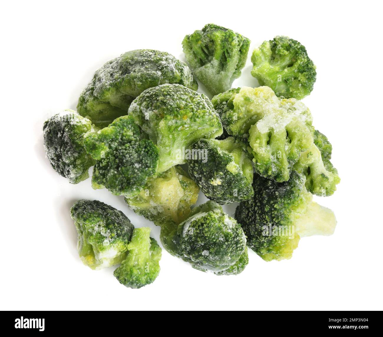 Pile of frozen broccoli florets isolated on white, top view. Vegetable ...