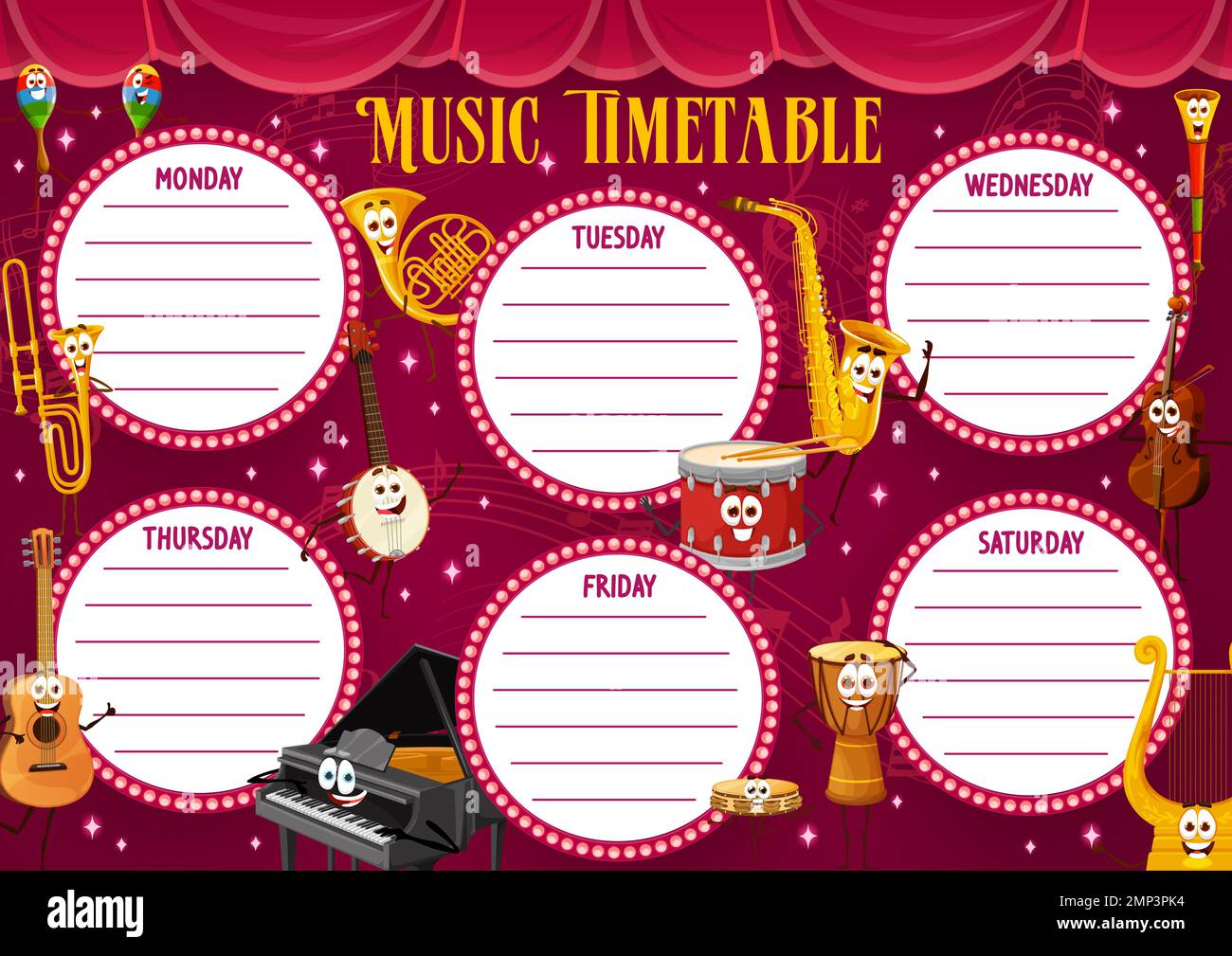Timetable schedule with cartoon musical instrument characters. School ...
