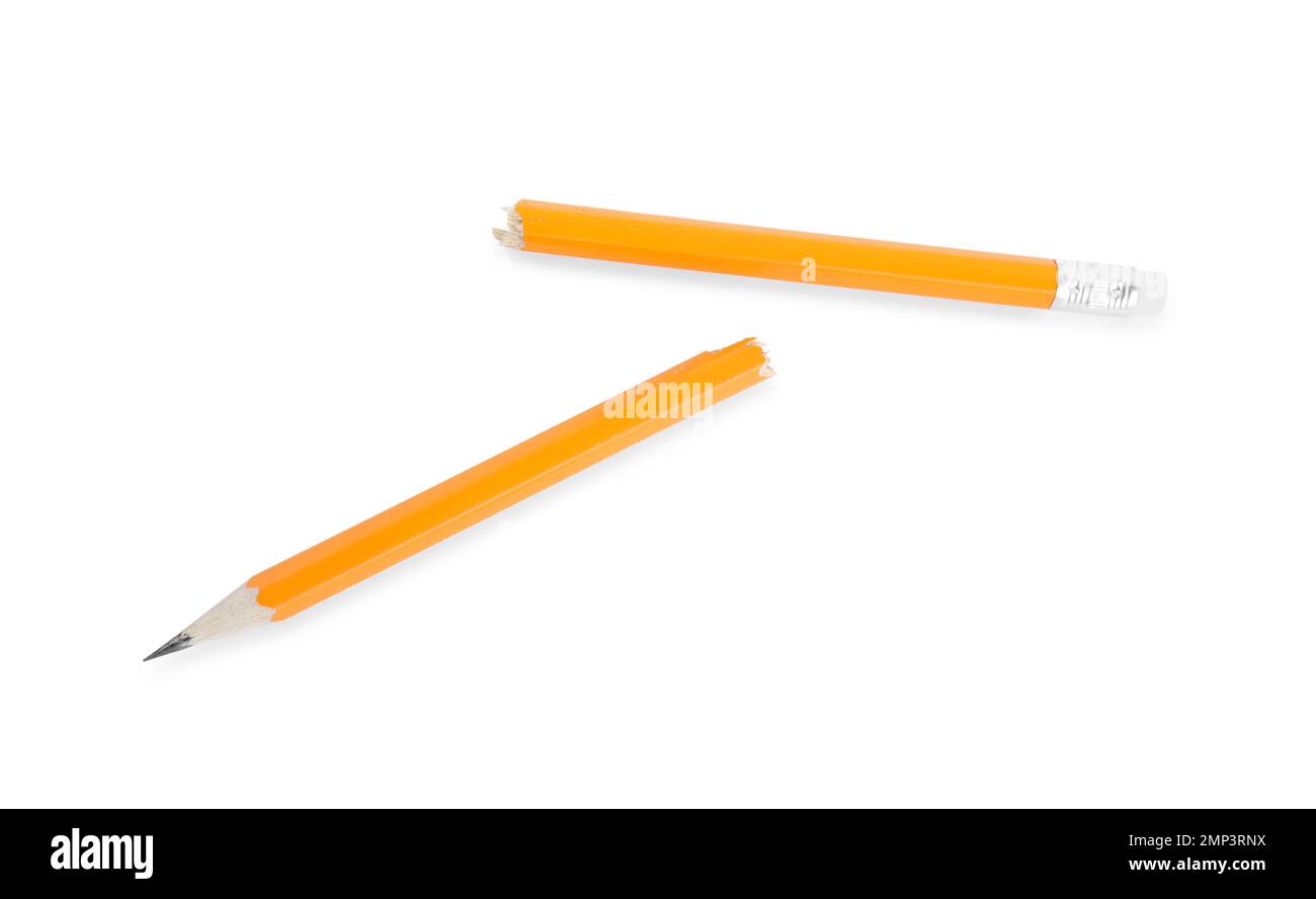 Broken graphite pencil with eraser isolated on white, top view Stock ...