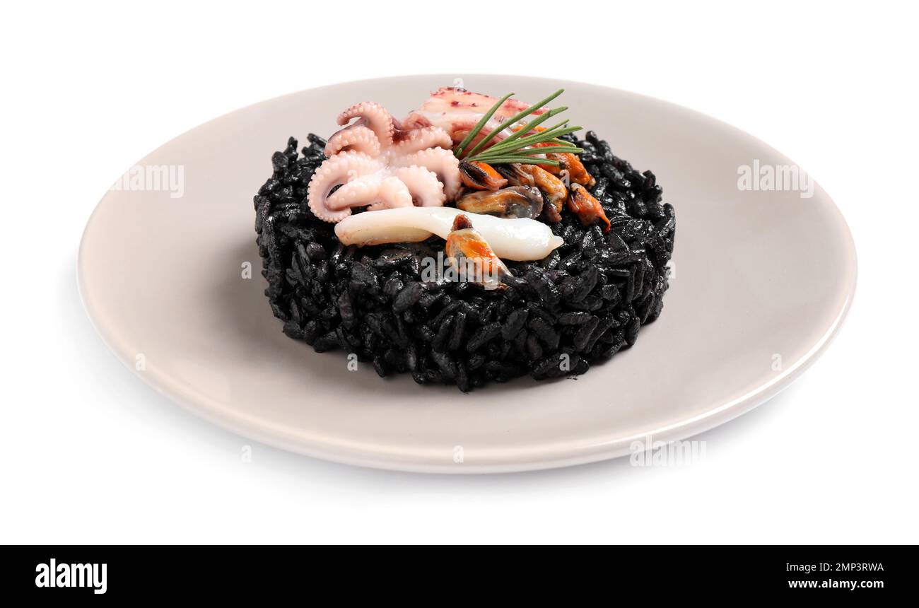Delicious black risotto with seafood isolated on white Stock Photo - Alamy
