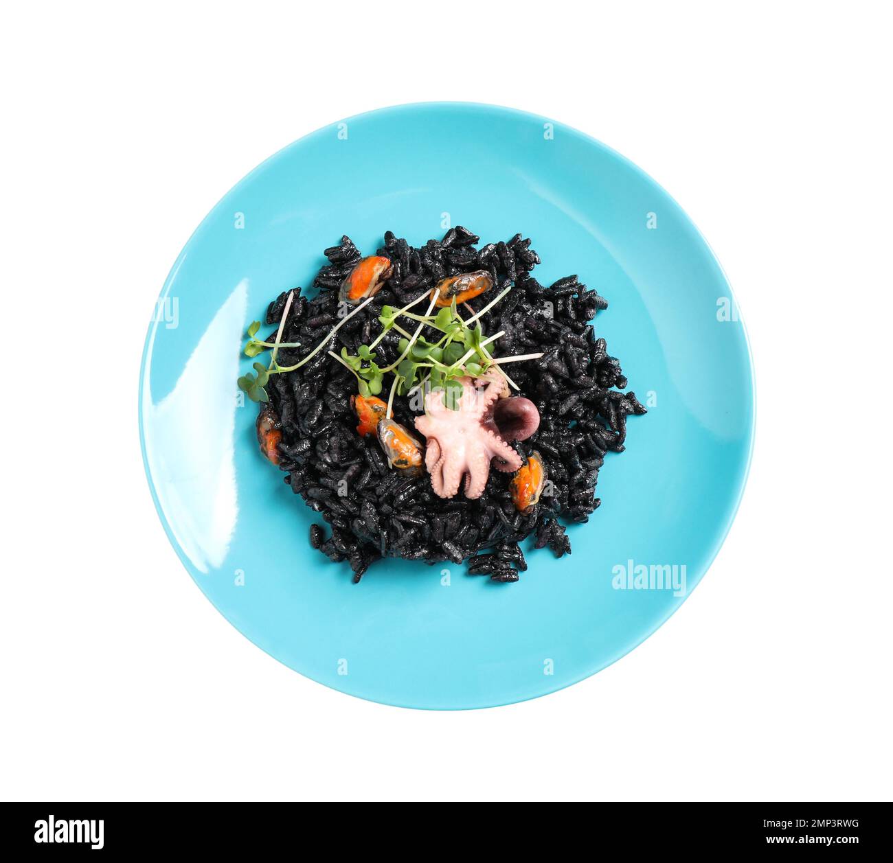 Delicious black risotto with seafood isolated on white, top view Stock ...
