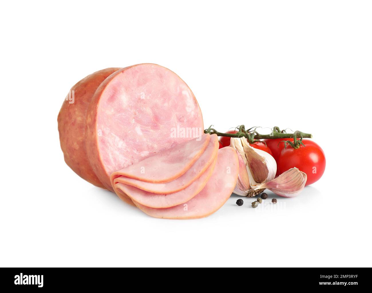 Tasty ham with cherry tomatoes, garlic and pepper isolated on white ...